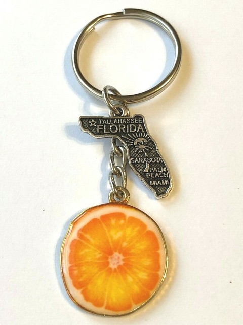 FLORIDA Key Chain w Bright ORANGE slice STATE Charm - US Maker FREE ...