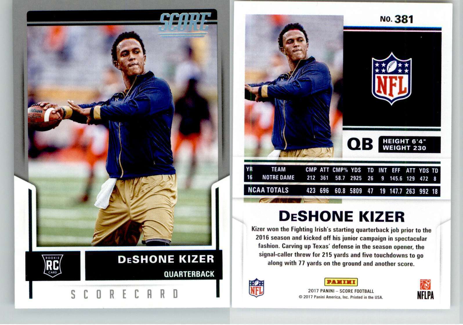 DeShone Kizer 2017 Score Scorecard #381 Notre Dame Browns RC Rookie | eBay