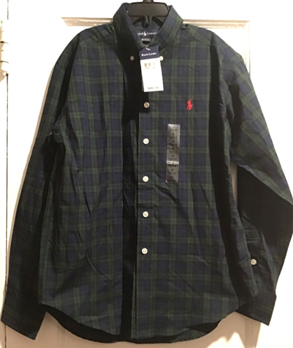 Ralph Lauren Essentials Navy Green Plaid Button Up Poplin Shirt Sz M 12 ...