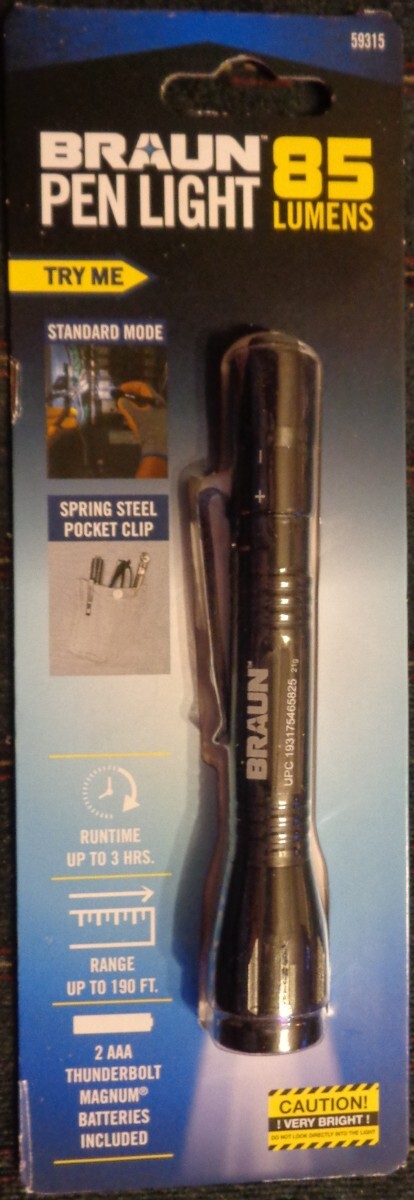 BRAUN 85 Lumen LED Pocket Flashlight Batteries Included 5 inch Pen ...