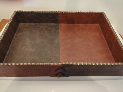 Brown Leather Wrapped Tray with Brass Nailhead Trim Border | eBay