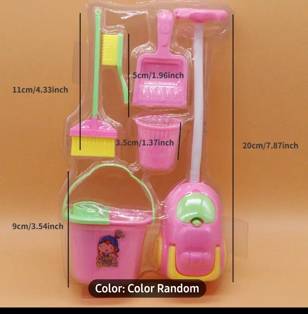 Mini Doll House Cleaning Set Mop Bucket Brooms Vaccum Cleaner Trash Can ...