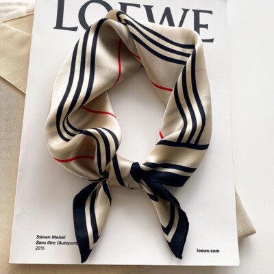 100% Silk 20'' Scarf Bandana Women Vintage Beige Striped Headband ...