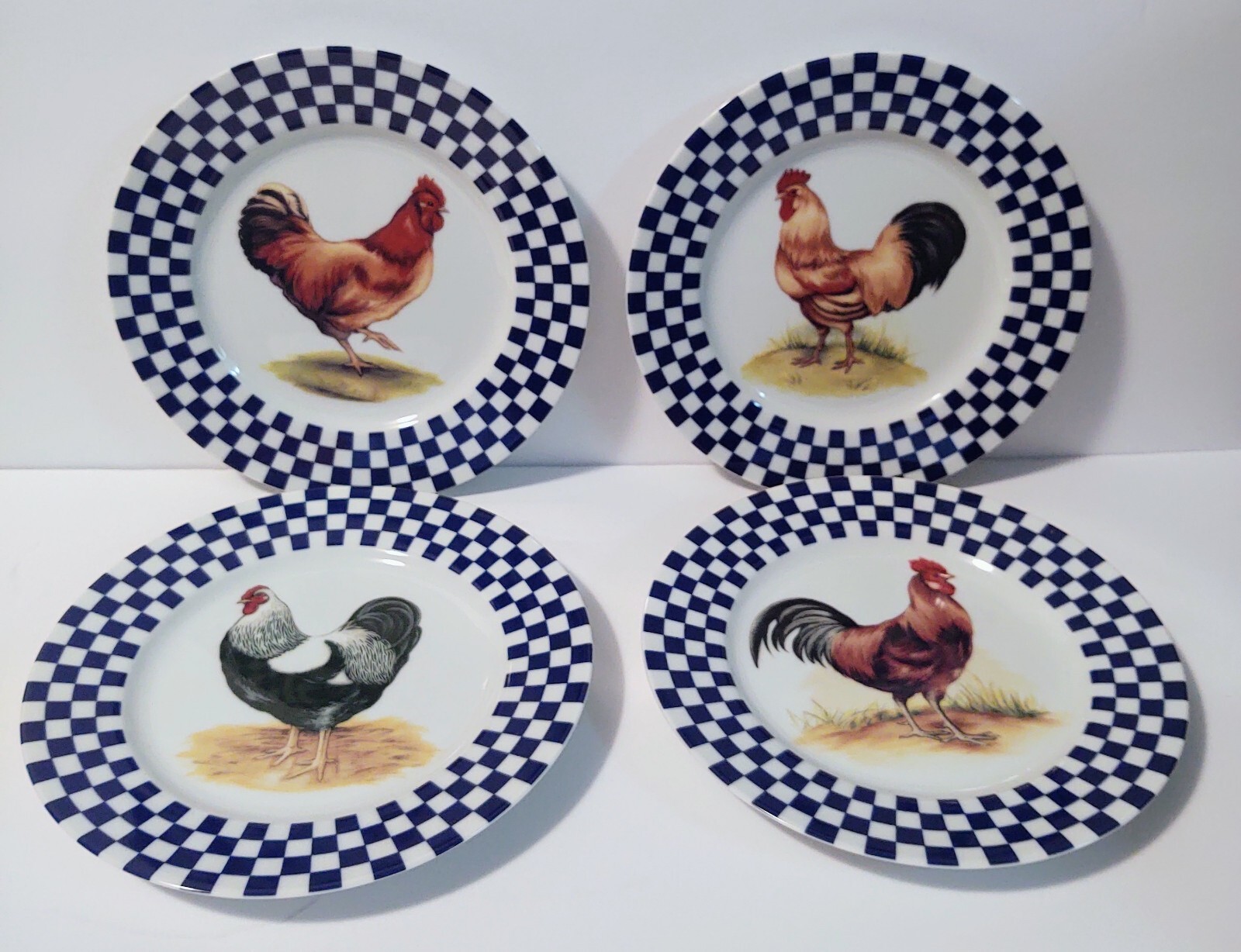 Williams Sonoma Rooster Salad Plates Blue Checkered Japan Farmhouse 8.5 ...
