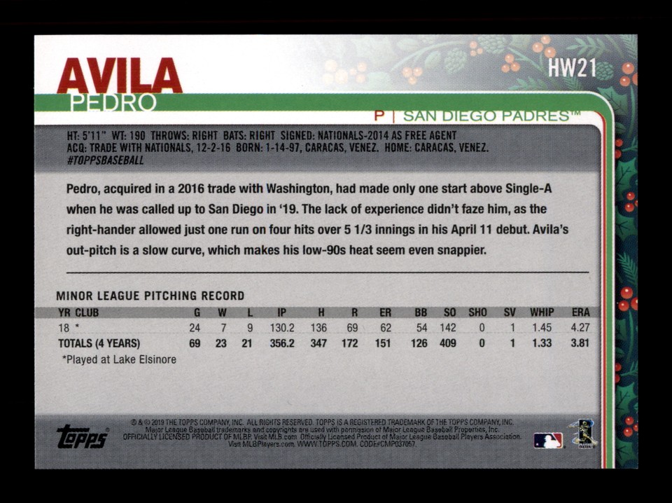 2019 Topps Holiday #HW21 Pedro Avila RC San Diego Padres | eBay