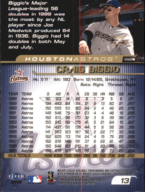 2000 Fleer Focus Baseball Card #13 Craig Biggio | eBay