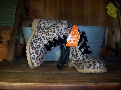 WONDER NATION GIRLS LEOPARD PRINT BOOTS SHOES SIZE 9 LACE UP ANKLE ...