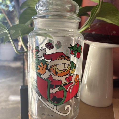 Vintage 1978 Christmas Santa Garfield Odie Glass Canister Jar Jim Davis ...