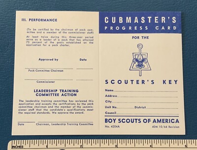 NOS SCOUTER'S KEY Boy Cub Scout Cubmaster's PROGRESS CARD BSA Award ...