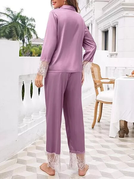 Pyjama Femme Ensemble Set Pantalon Jersey Chemisier Satin Rose Violet D046 | eBay
