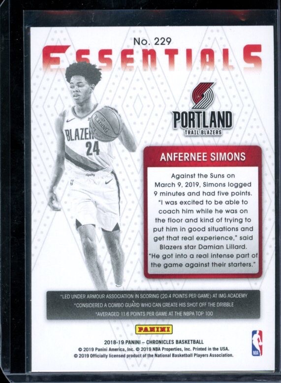2018-19 Panini Chronicles Essentials Anfernee Simons Rookie RC #229 | eBay