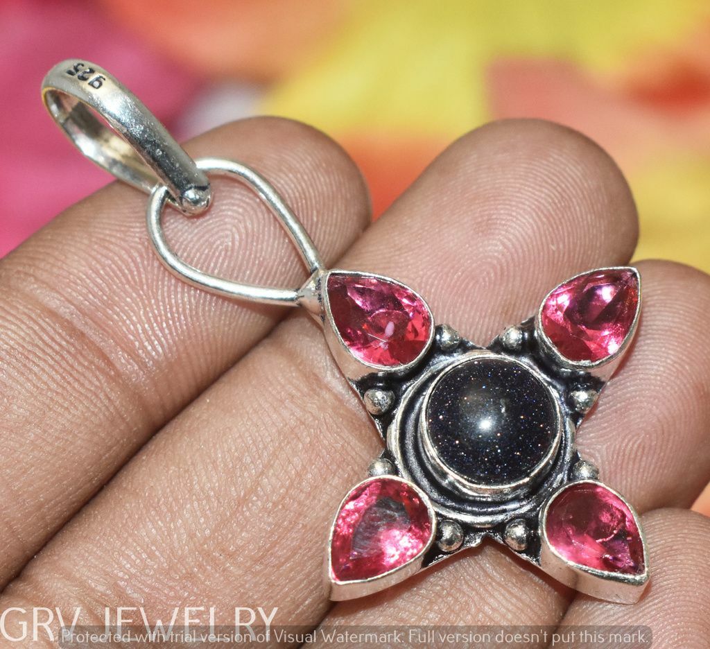 Pink Tourmaline Quartz Blue Goldstone Gemstone Pendant U279-B313 | eBay