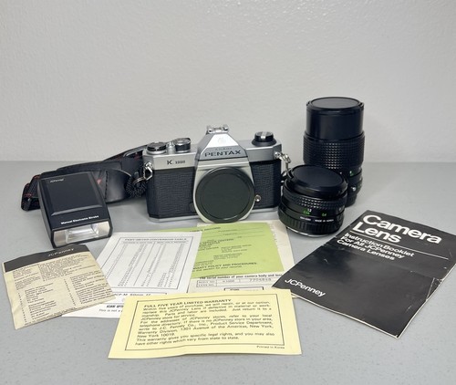 Pentax K1000 35mm SLR Film Camera with Lenses Flash & Paperwork Tested ...