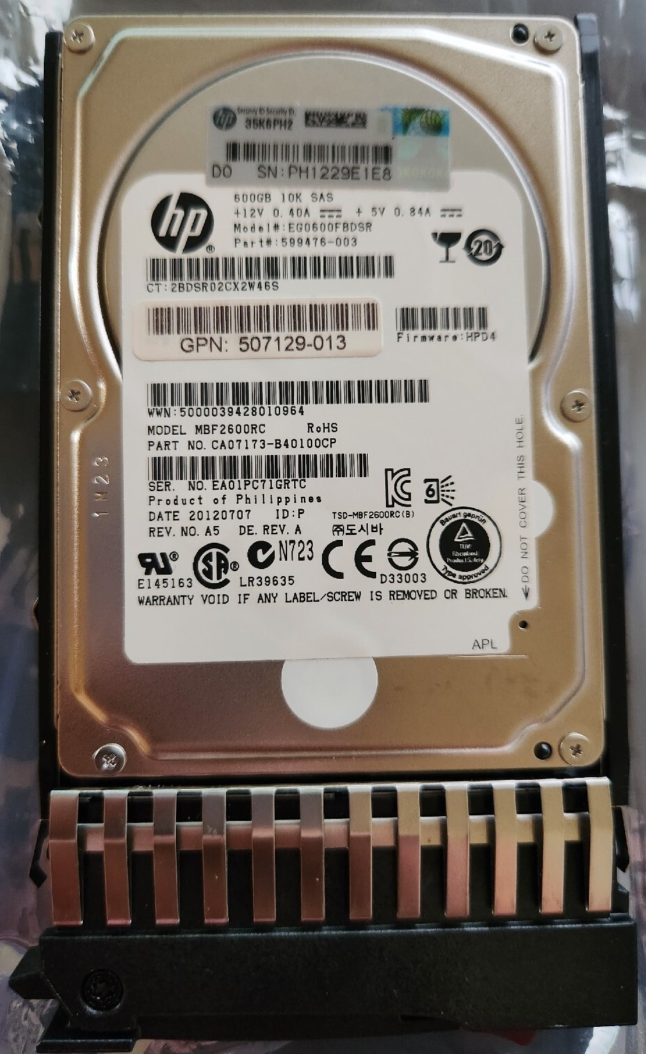 HP 600GB 10K SAS 6GB/s 2.5" HDD 599476-003 EG0600FBDSR GPN 507129 ...