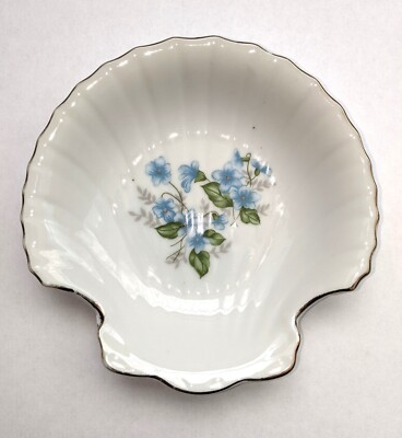 Vintage Apex Sea Clam Shell Gold Rim Blue Flowers Ceramic Trinket Dish ...