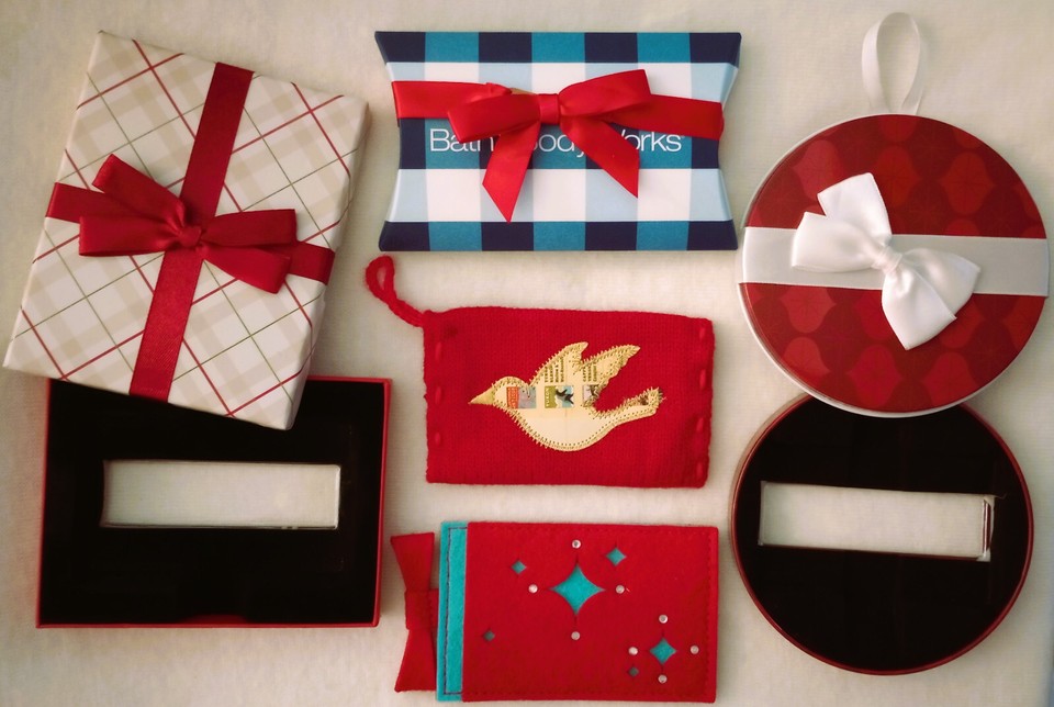 5 Fancy GIFT CARD HOLDERS Fabric Ornament Box Tin Bath & Body Works ...