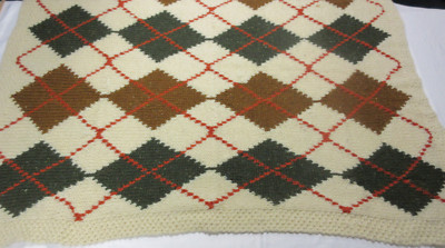 Hand Knit Argyle Blanket (Cream, Green, Rust, Orange) Size: 4x5 ft (Wool) | eBay