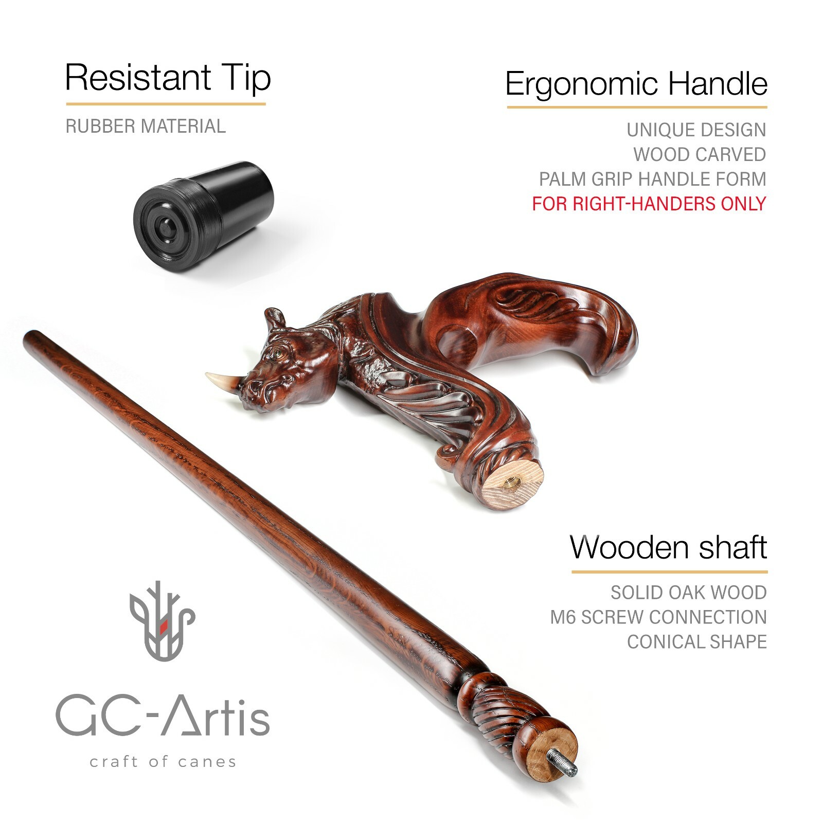 Original GC-Artis Wooden Rhino Walking Stick Cane Ergonomic Palm Grip ...