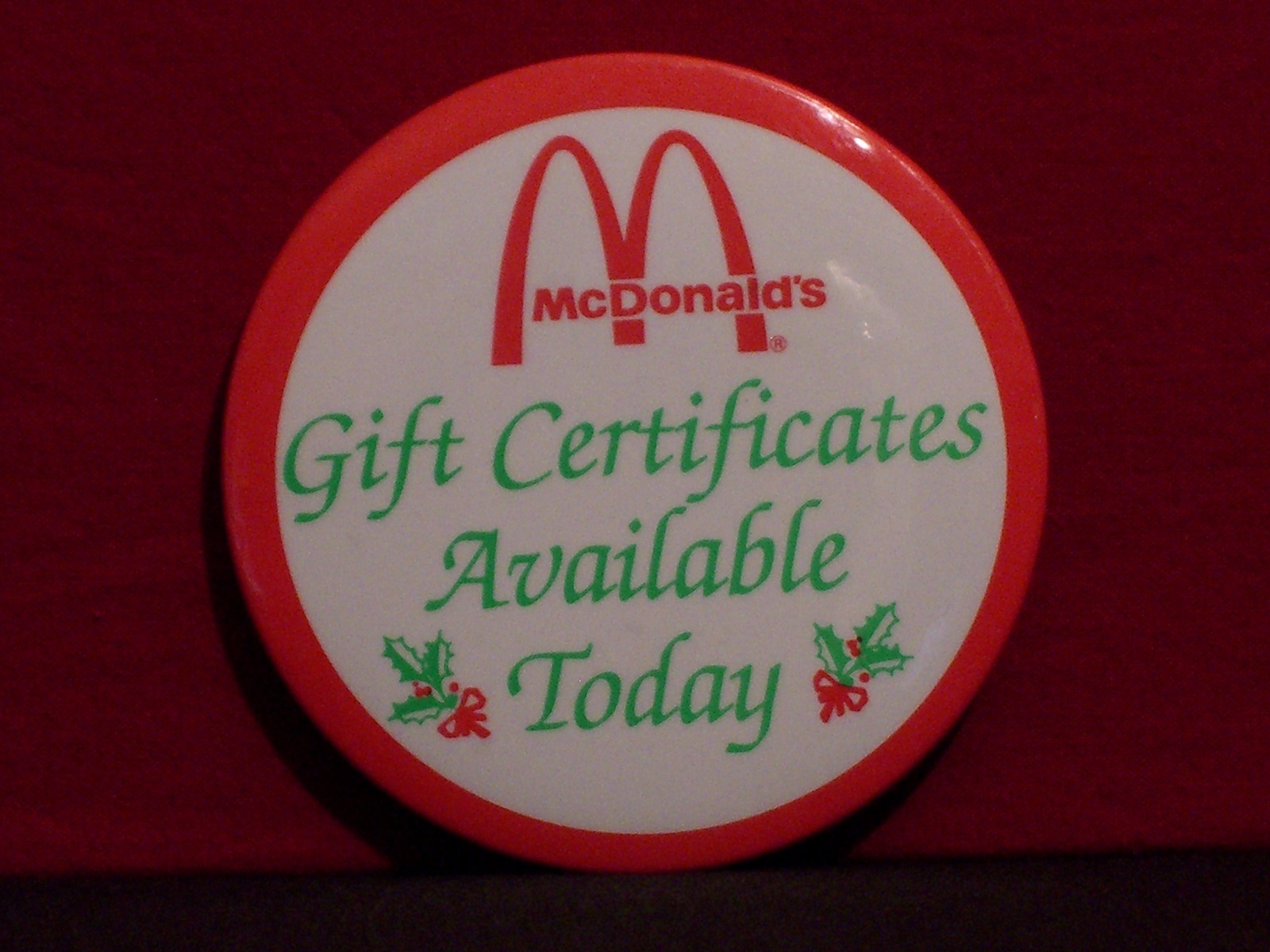 McDonald's "Gift Certificates Available" Vintage 1980's Crew Award ...