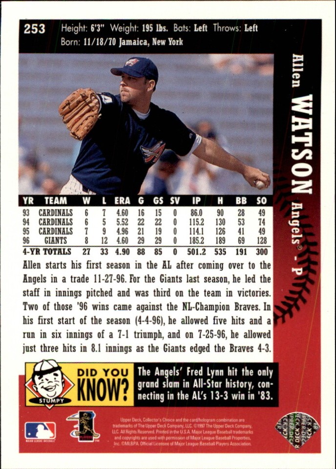 1997 Collector's Choice Anaheim Angels Baseball Card #253 Allen Watson ...