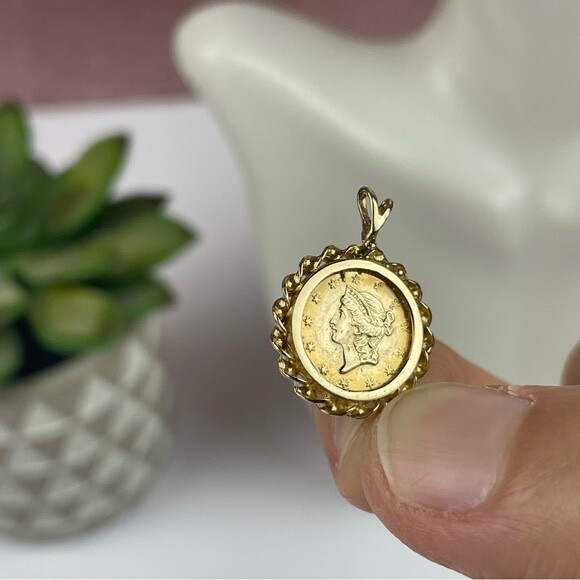 Gold Rope 1850 One Dollar Liberty Woman Coin Pendant Necklace Vintage ...