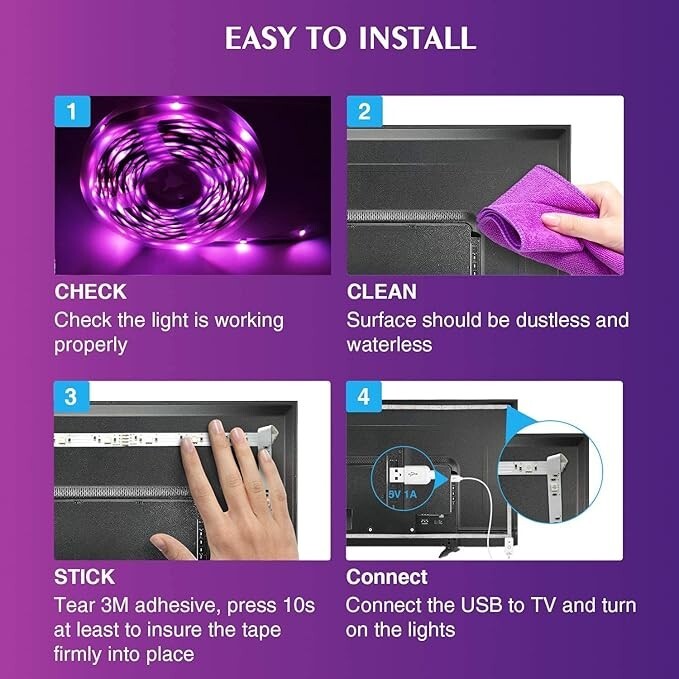 16.4ft LED TV Backlight Strip – USB Light Strip for 32–80 Inch TVs and ...