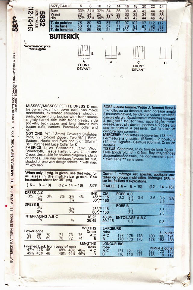 Butterick 5832 Couture Dress Pleats David Warren Pattern Sizes 12-16 ...