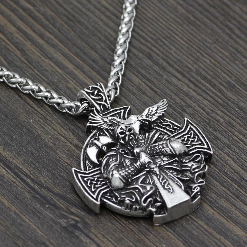 Men Odin Sword Gungnir Spear Head Raven Rune Pendant Necklace Viking ...