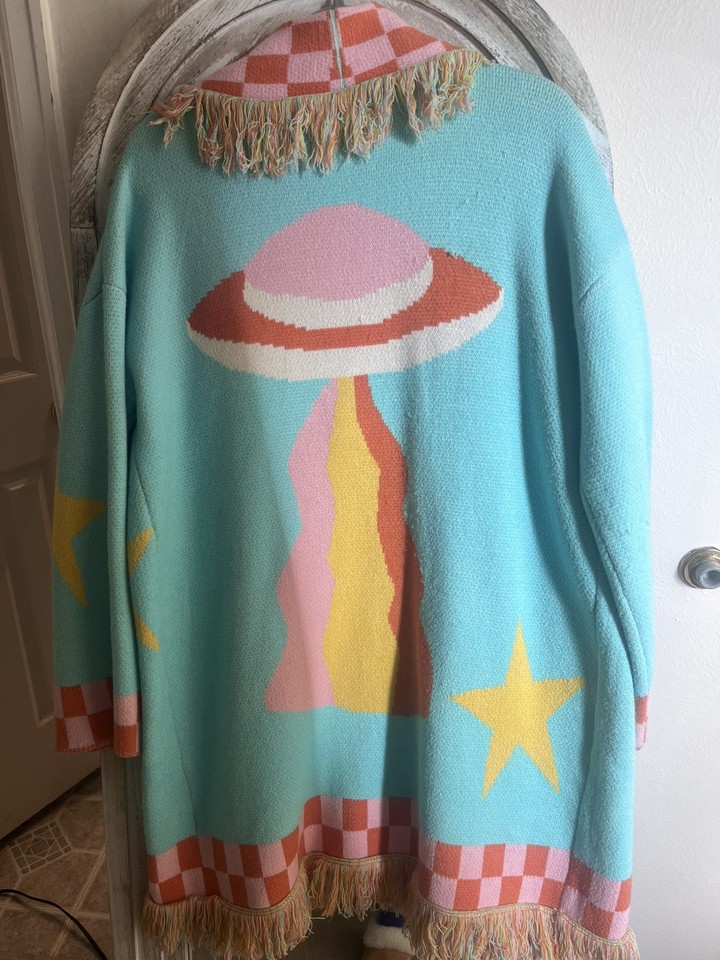 Dressed in LALA Alien Greeting Earthlings UFO Cardigan Sweater Size S/M ...