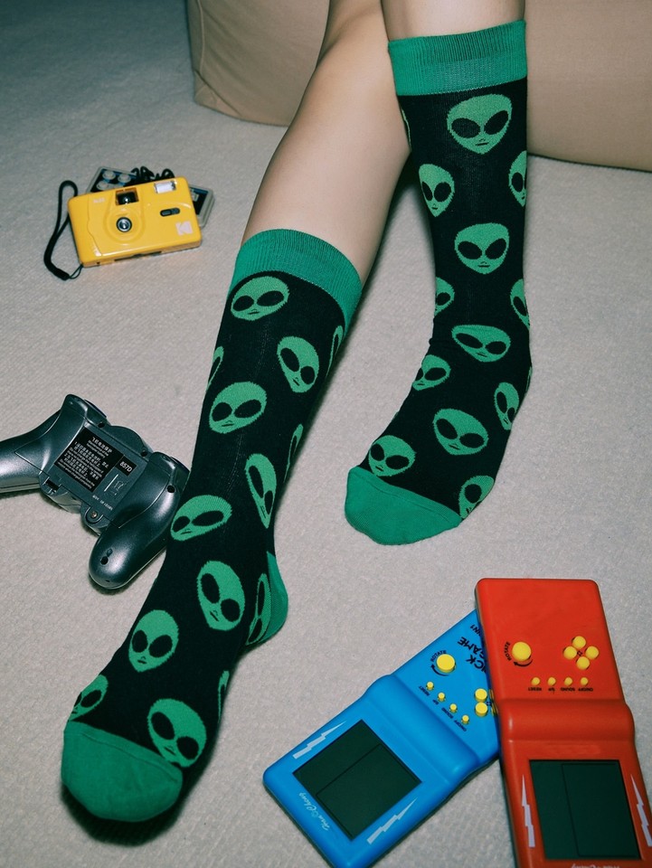 Green Alien Print Crew Socks Silly Socks for Women Funky Socks Funny ...