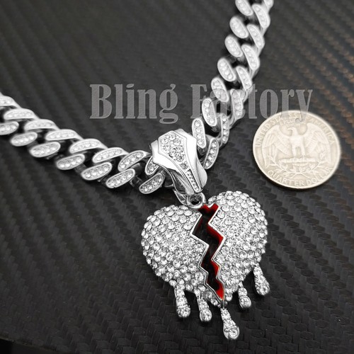 Silver Plated Alloy Drip Broken Heart Iced Cubic Zirconia Cuban Chain ...