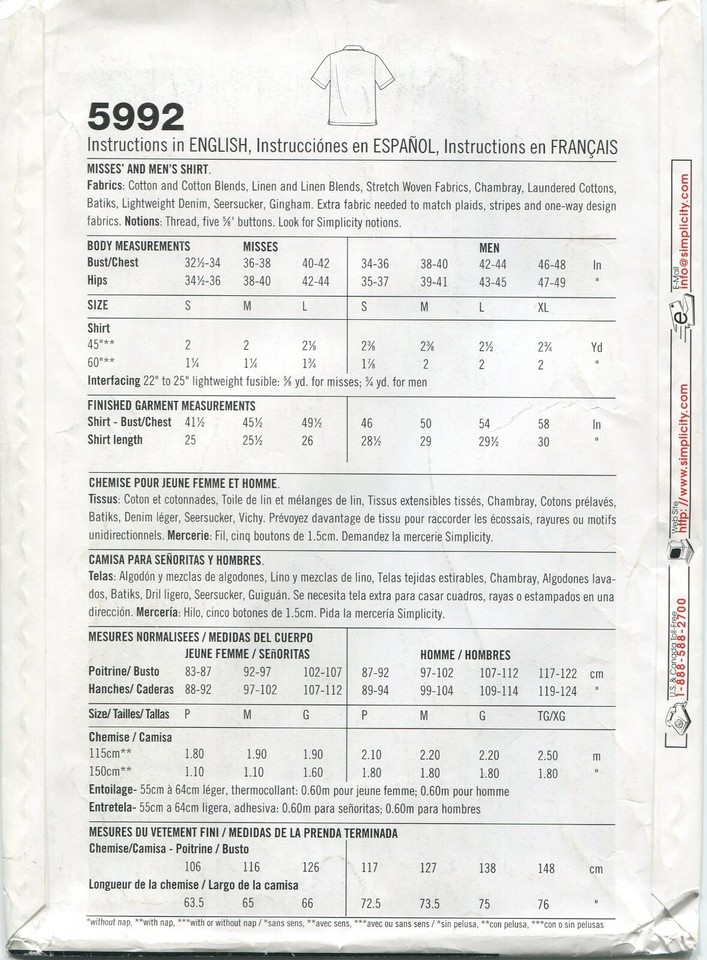 Simplicity 5992 Unisex Shirts Sewing Pattern Uncut Size Misses S-L ...