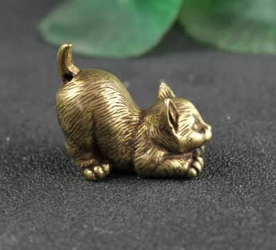 Brass Cat Key Chain Figurine Small Animal Statue Table Home Decoration ...