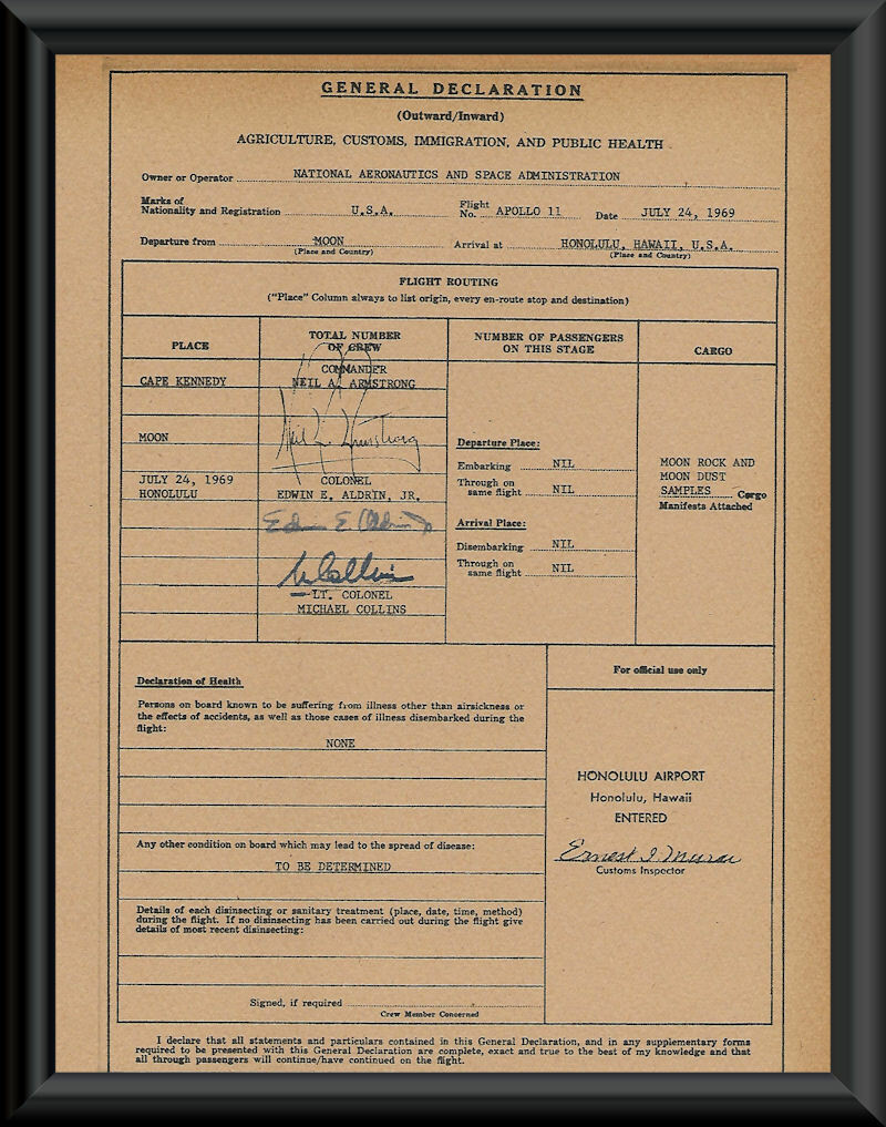 Apollo 11 Autograph Reprints & Customs Declaration Reprint On Old Paper ...