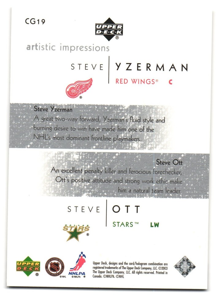 Steve Yzerman / Steve Ott 2002 UD Artistic Impressions Common Ground # ...