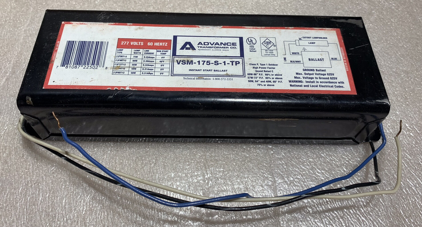 Advance VSM-175-S-1-TP Instant Start Ballast 277V 60Hz for F96T12 ...