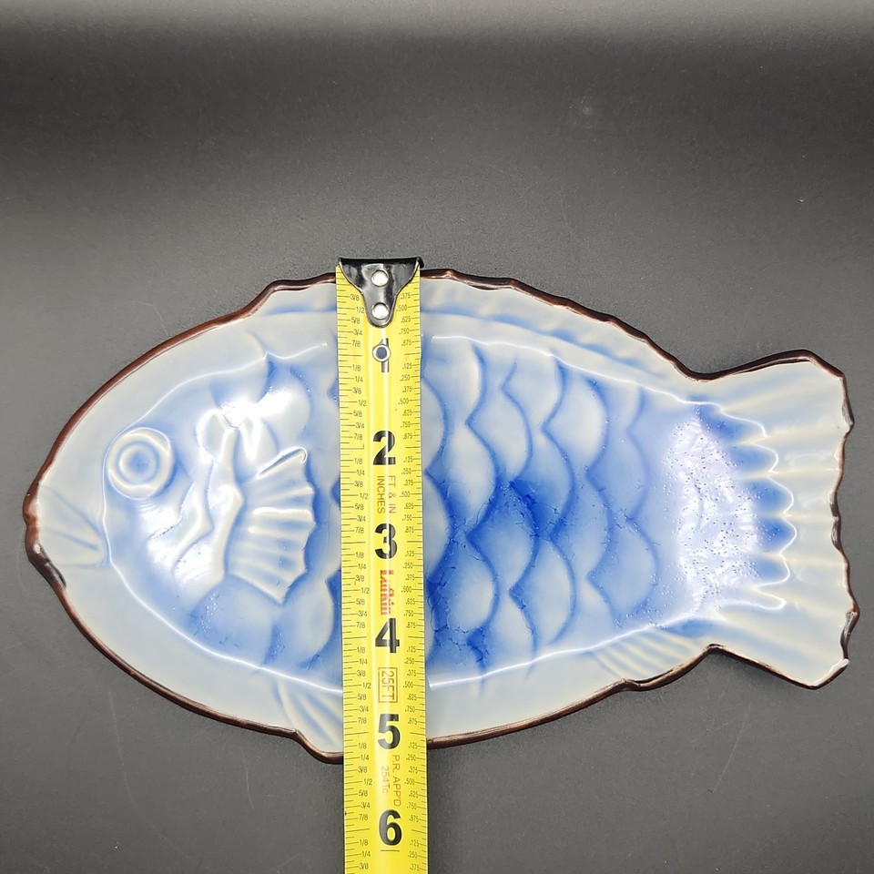 Japanese Fish-Shaped Sushi Dish Trinket Tray Cobalt Blue Crackle Glazed ...