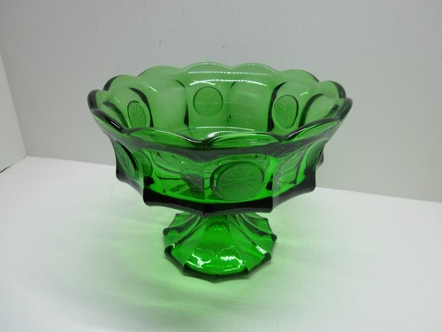 Vintage Green Glass Coin Dot Pedestal Compote Bowl–Liberty Torch Design ...