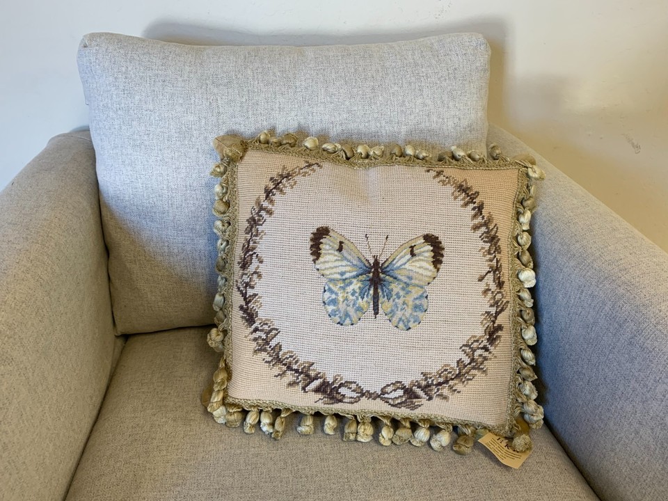 Wool Needlepoint & Petit Point Pillow Handmade Blue Butterfly Cushion ...