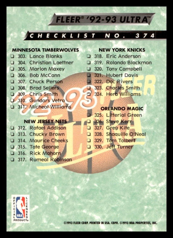 1992 Ultra #374 Checklist 267-330 CL | eBay