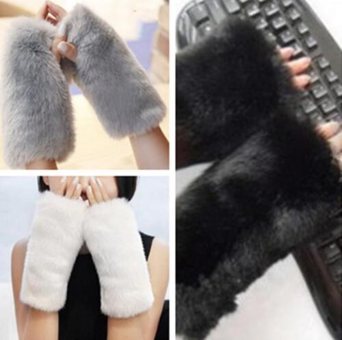 Warm Ladies Half Finger Faux Fur Fingerless Gloves Arm Cuffs Wristbands ...