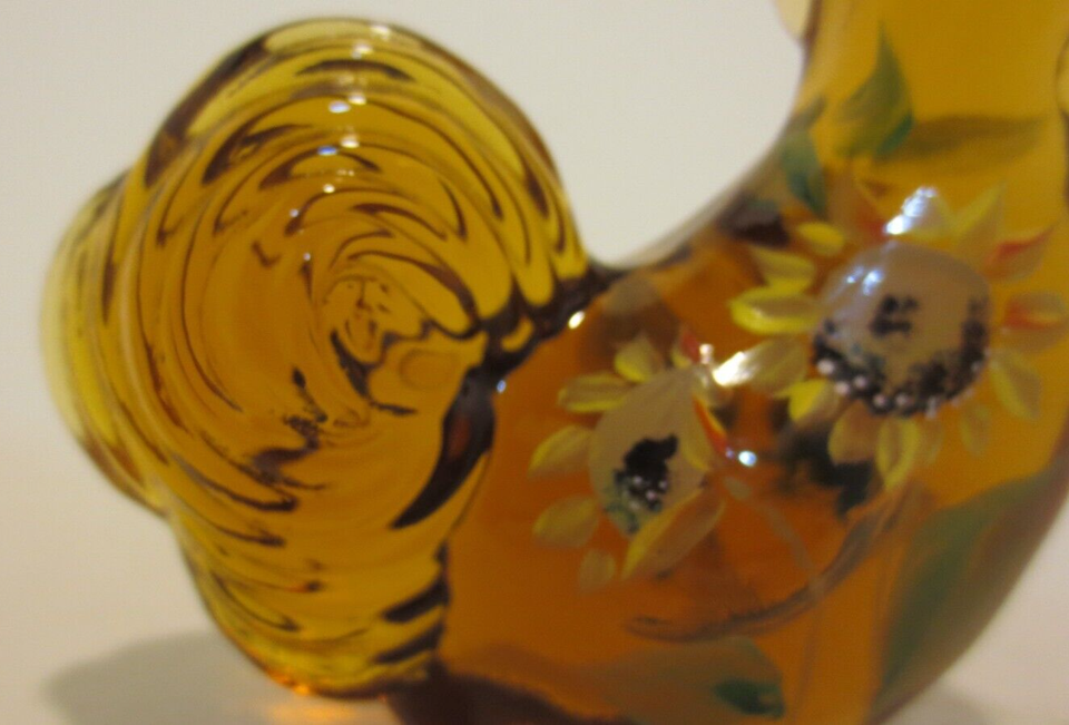 Fenton Lenox Amber Glass Chicken/Rooster/Hen-hand painted sunflower ...