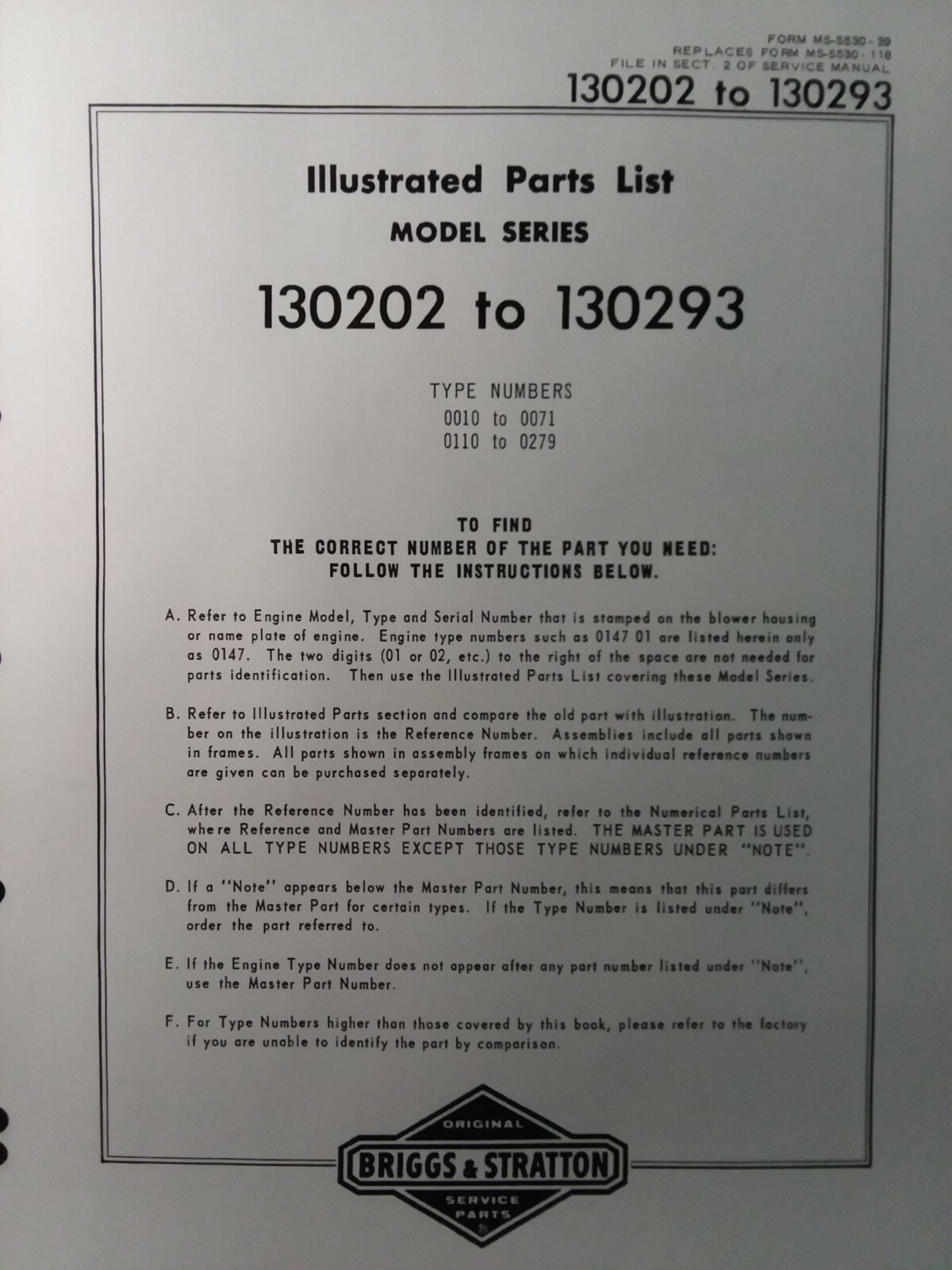 Briggs & Stratton 5 h.p Horizontal Gas Engine 130202-130293 Parts ...