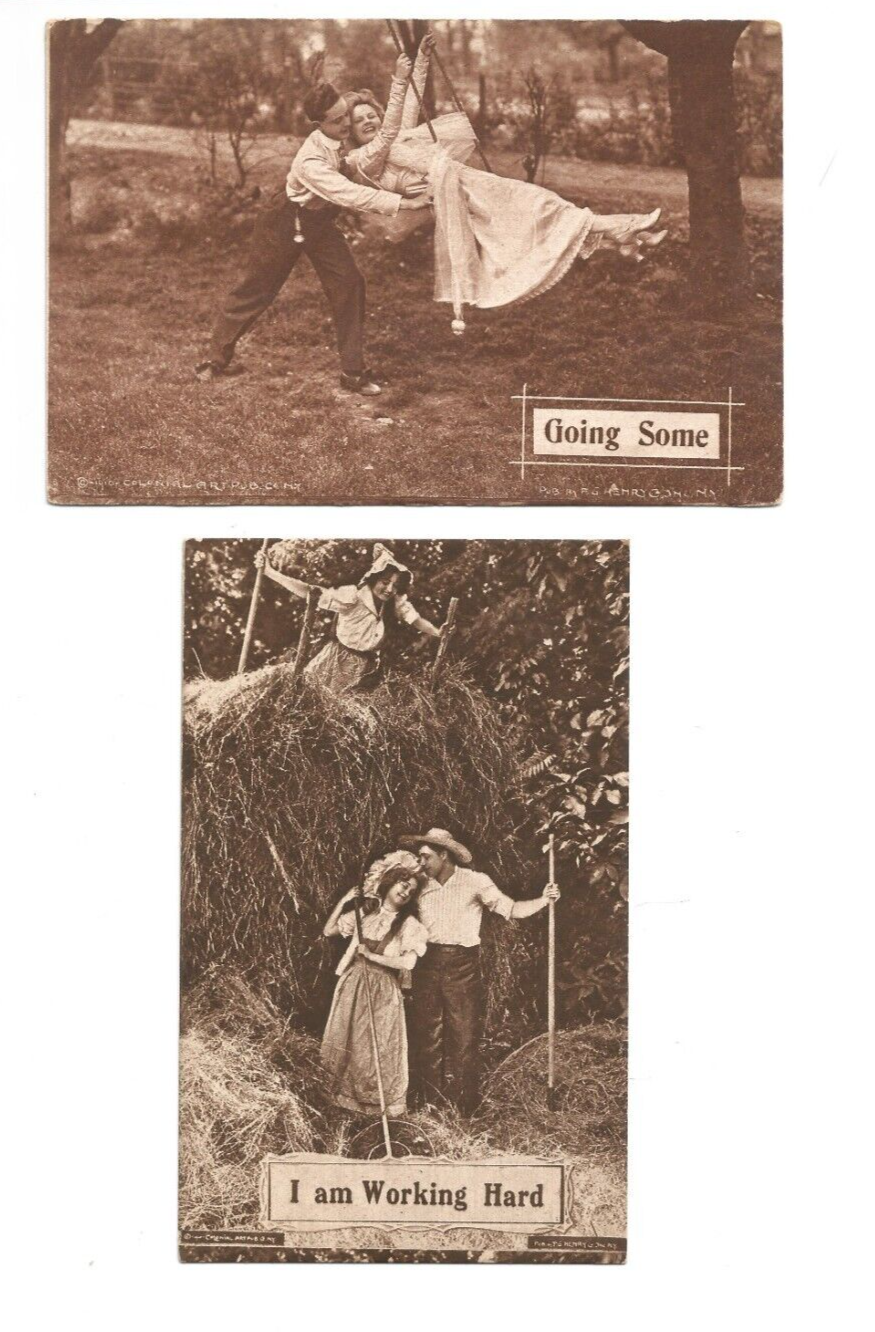 2 ANTIQUE 1910 UNPOSTED POST CARDS~I AM WORKING HARD~GOING SOME~F.G ...
