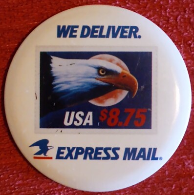 Vintage 1988 USPS Express Mail 3" Stamp Advertising Pinback Button Bald ...