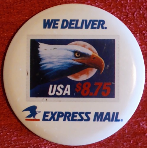 Vintage 1988 USPS Express Mail 3" Stamp Advertising Pinback Button Bald ...