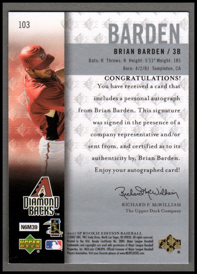 2007 SP Rookie Edition Autographs #103 Brian Barden Auto - NM-MT | eBay