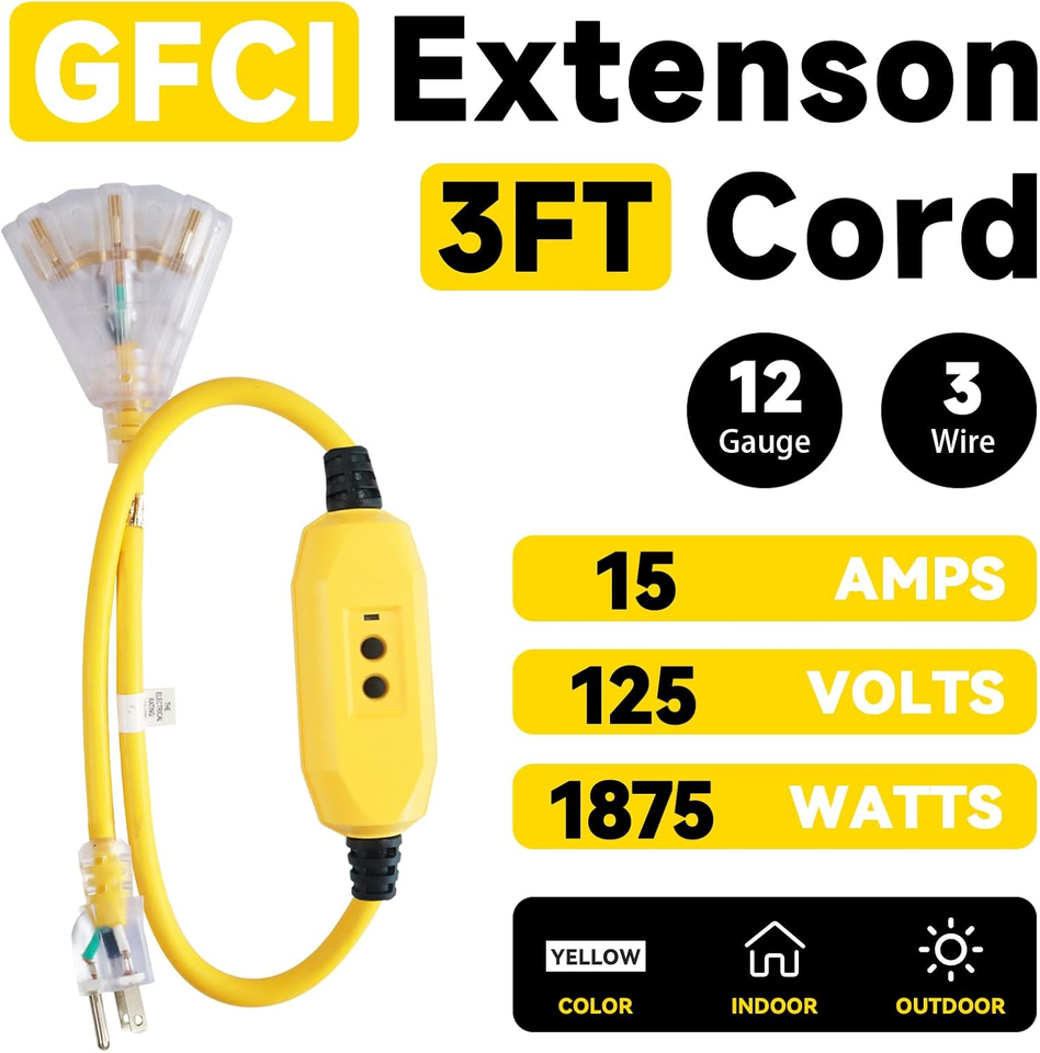EP 3 Ft Lighted GFCI Extension Cord with 3 Electrical Power Outlets ...