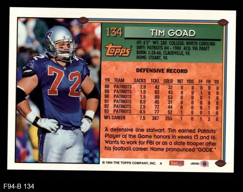 1994 Topps #134 Tim Goad Patriots UNC 8 - NM/MT | eBay