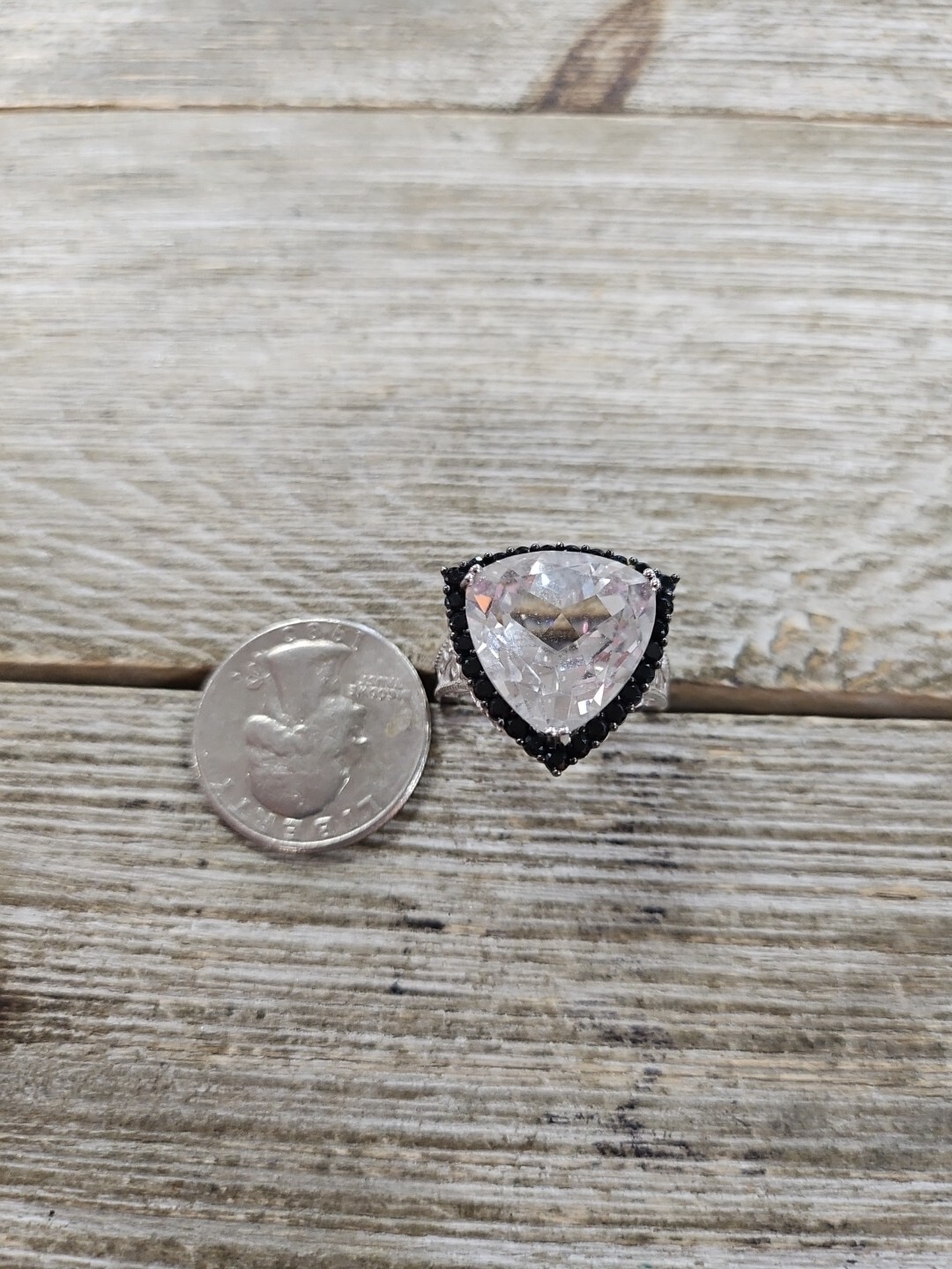 Sterling Silver Ring Large Clear Crystal Triangle Cut Black Gem Halo 8. ...